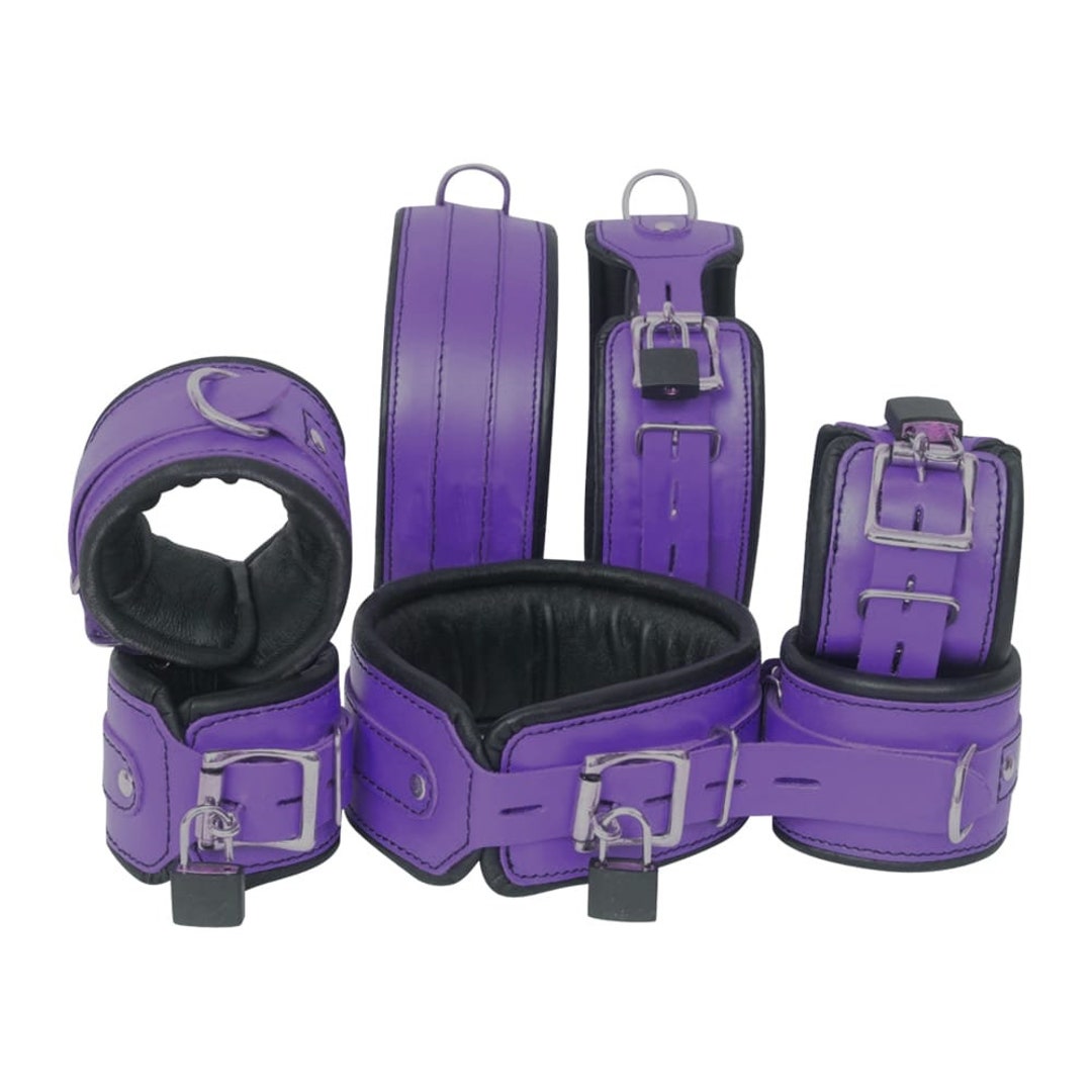Real Leather Wrist, Ankle Thigh Cuffs Collar Restraint Bondage Set ...