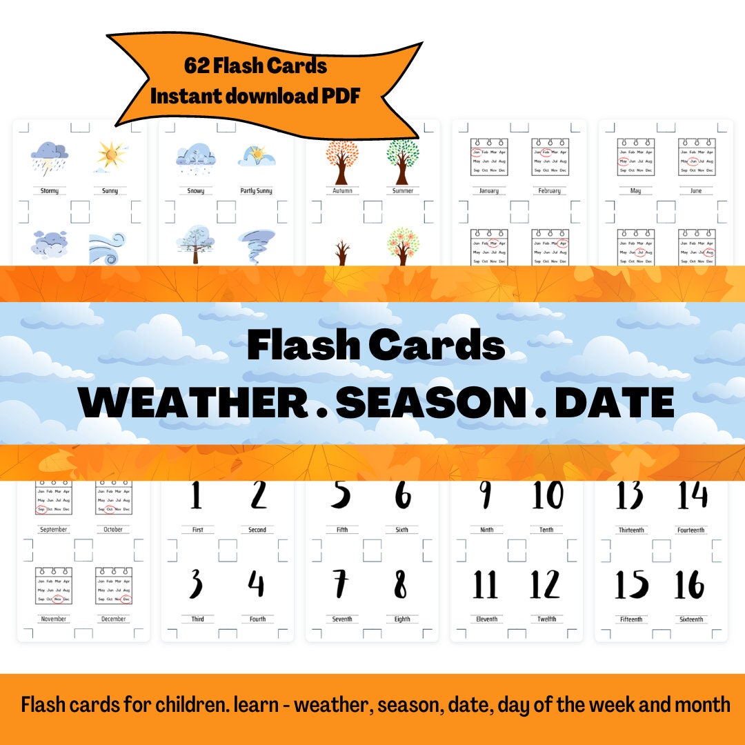 Weather and Date Flash Cards . Children Learning Cards . Seasons . Days ...
