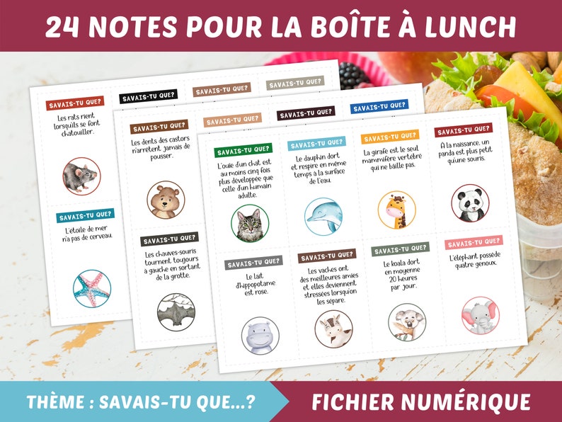24 Printable Lunchbox Notes Quirky Facts About Animals French Words for ...