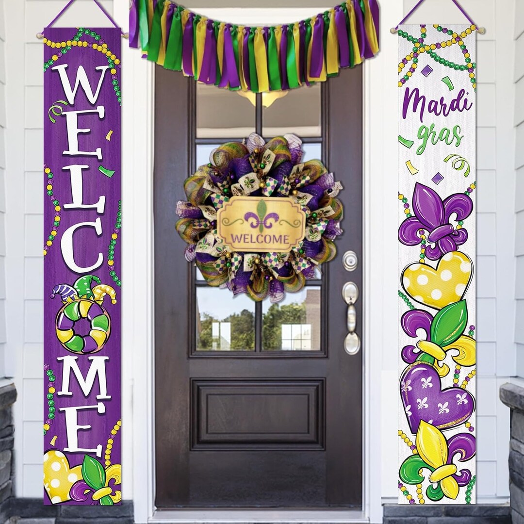 Welcome Mardi Gras Purple Porch Banner Sign, Fleur De Lis Love Heart ...