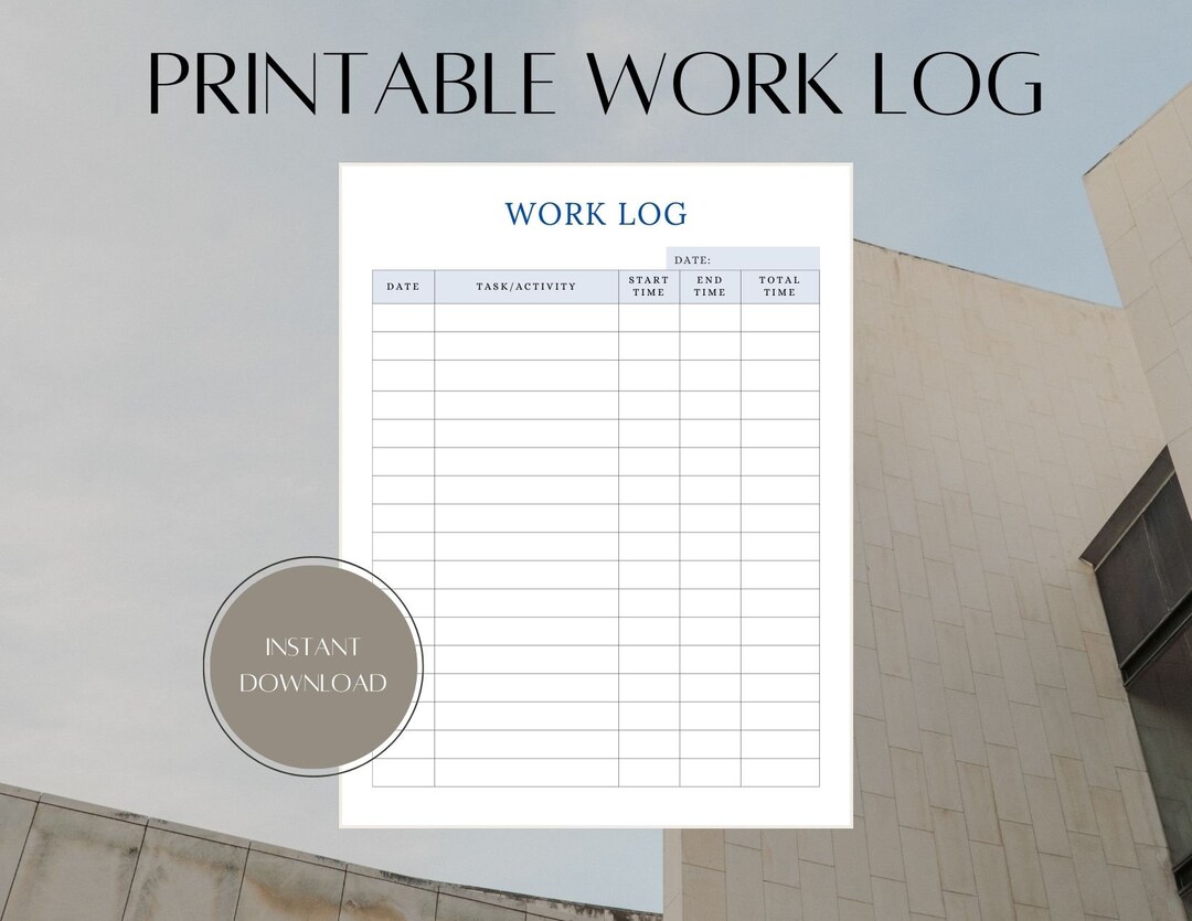 Printable Work Log Time Log Time Sheet Instant Download Work