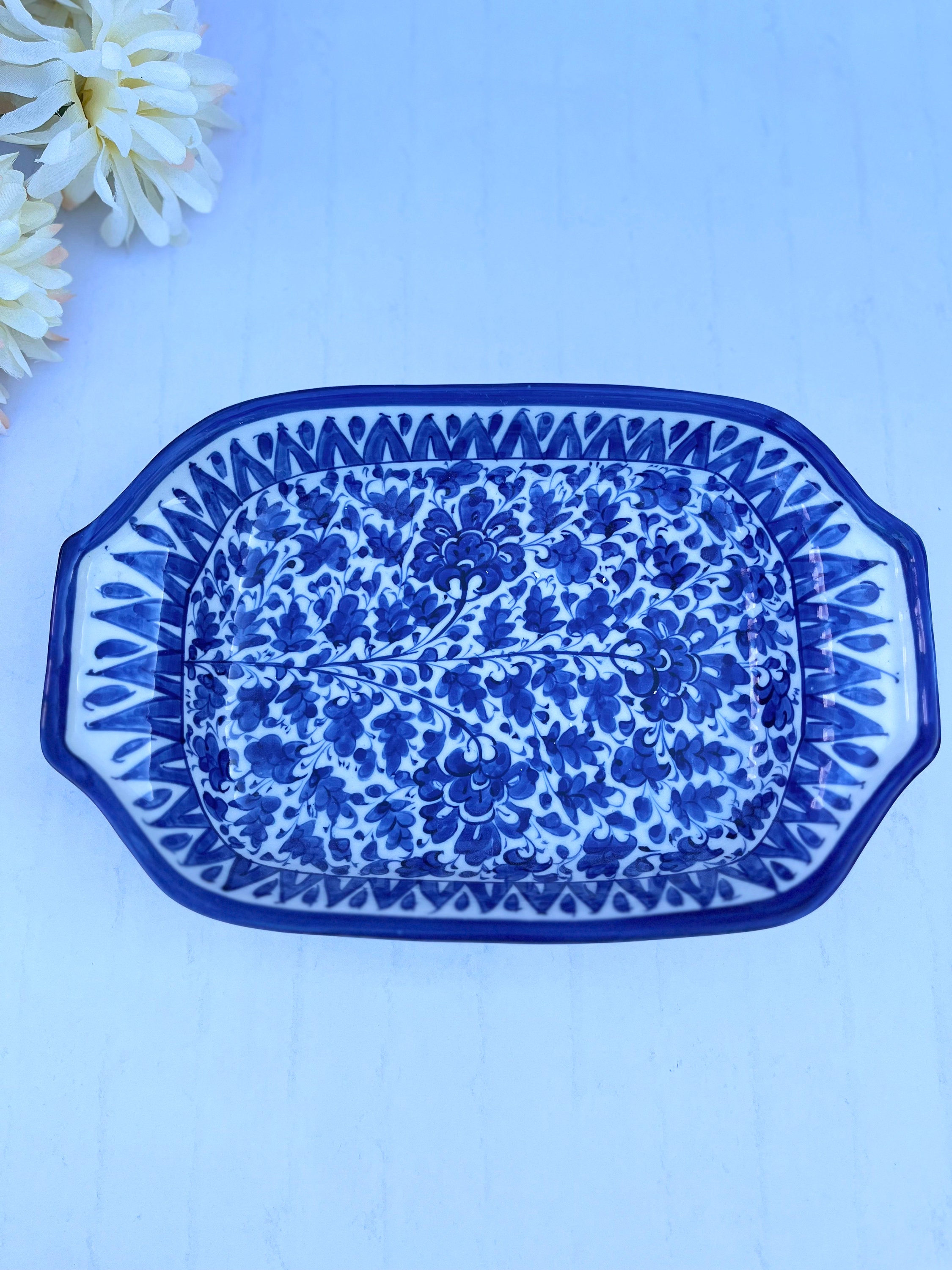 Handmade Hand-painted Rectangular Dish Ceramic Deep Plate Blue ...