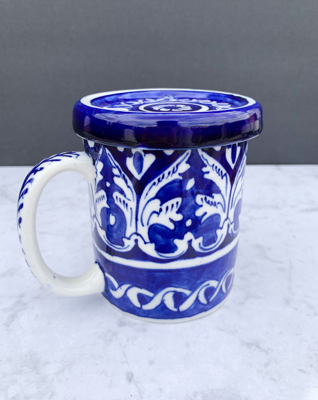 Handmade Hand-painted Blue Pottery Cups With Lid, Coffee Ceramic Cup ...