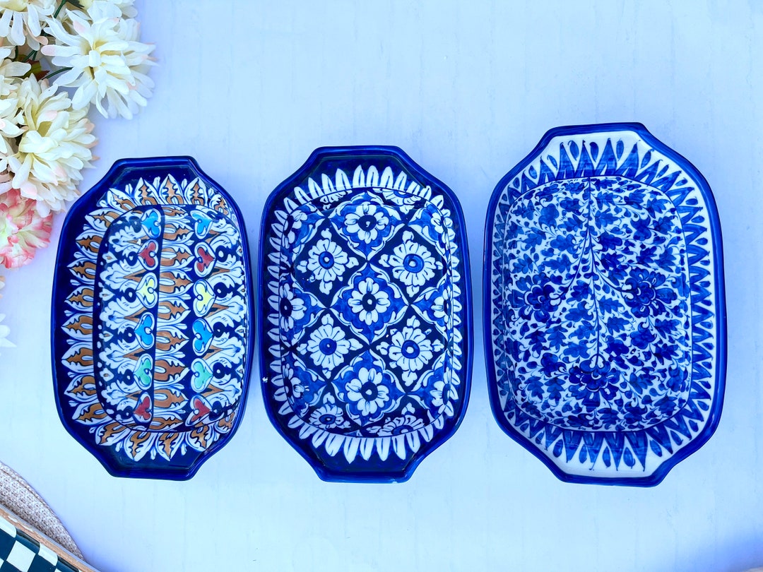 Handmade Hand-painted Rectangular Dish Ceramic Deep Plate Blue ...