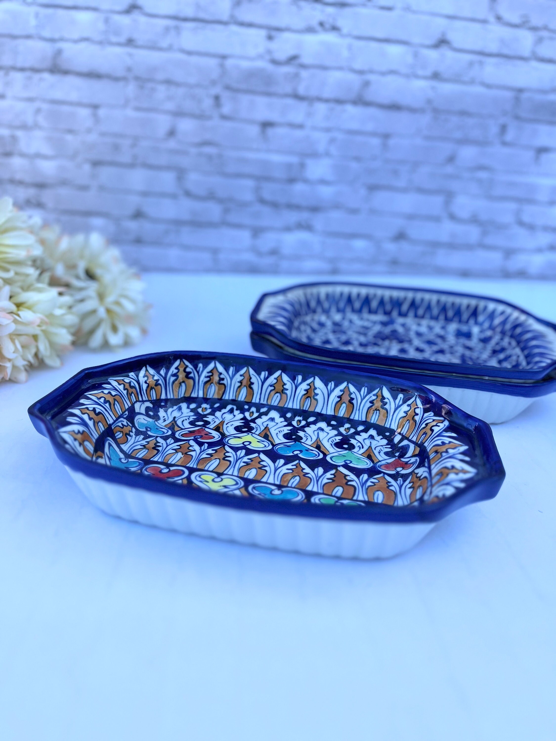 Handmade Hand-painted Rectangular Dish Ceramic Deep Plate Blue ...