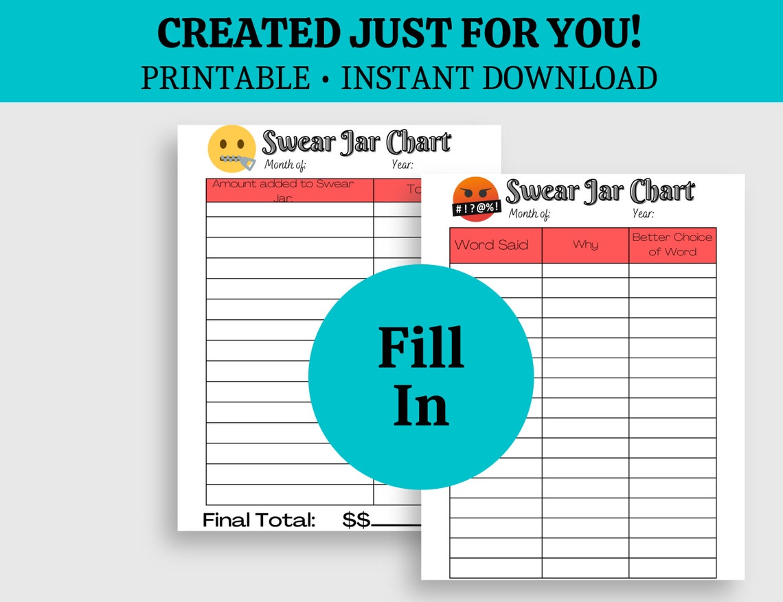 Swear Jar Chart, Printable Swear Chart, for Teachers, for Parents, Curse Word Chart, No More ...