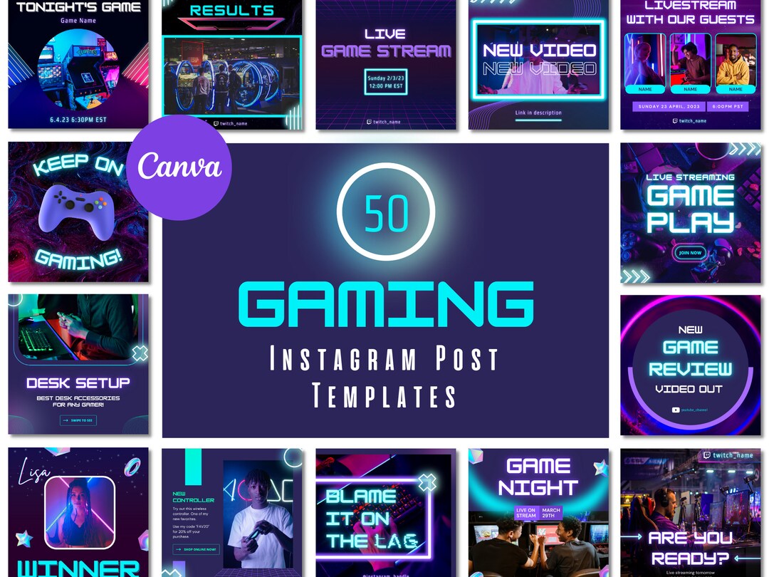 50 Gaming Instagram Post Templates | Neon Gamer Twitch Streamer | Brand ...