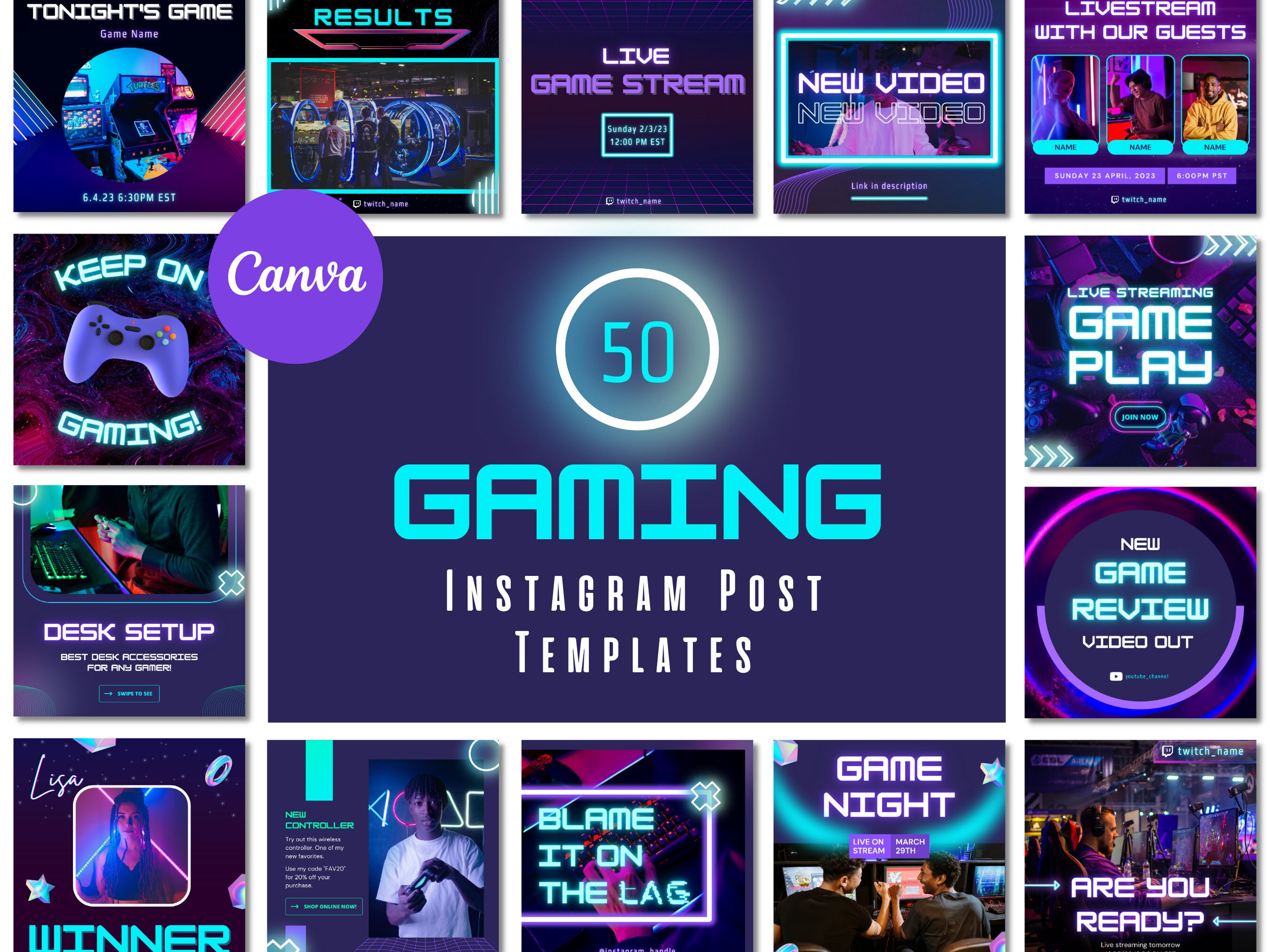 50 Gaming Instagram Post Templates | Neon Gamer Twitch Streamer | Brand ...