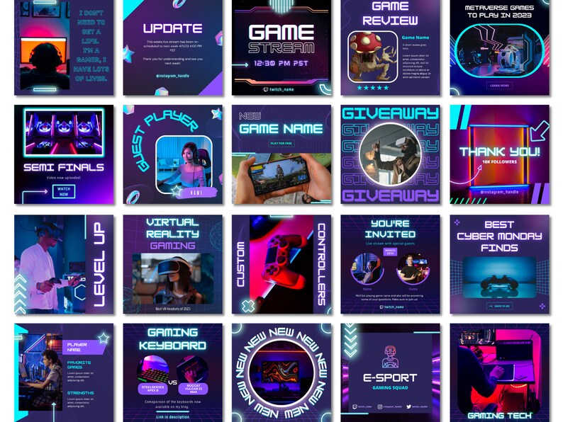 50 Gaming Instagram Post Templates | Neon Gamer Twitch Streamer | Brand ...