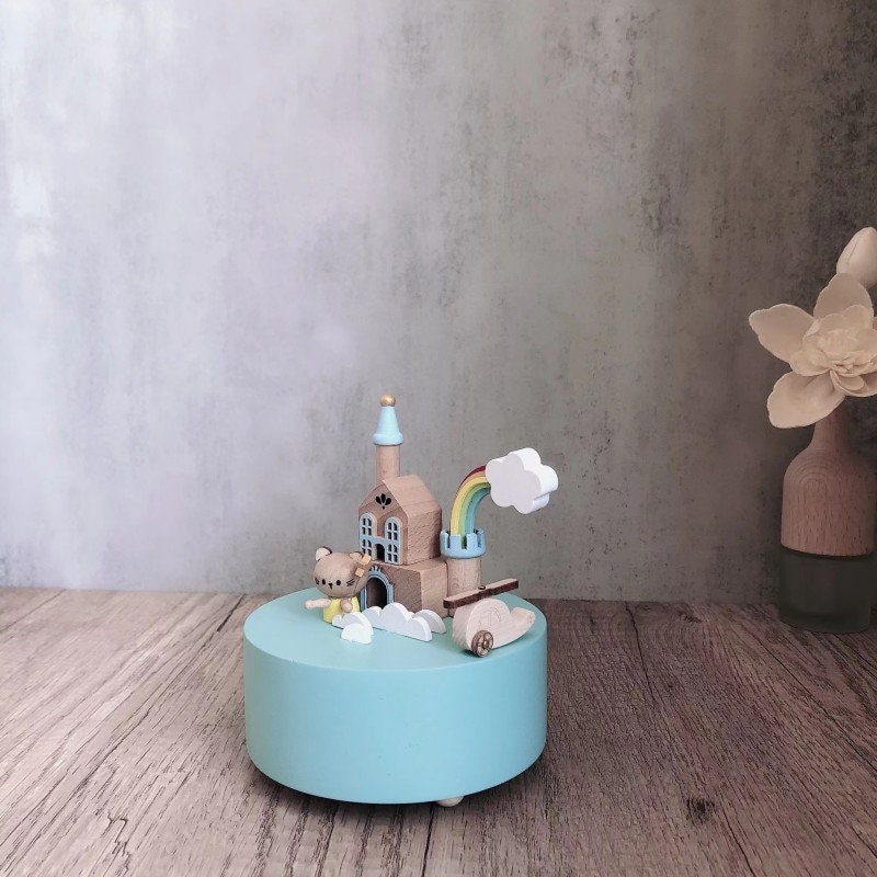 DIY Rainbow Plane Sky Castle Wooden Music Box, Spin Ballerina Girl ...
