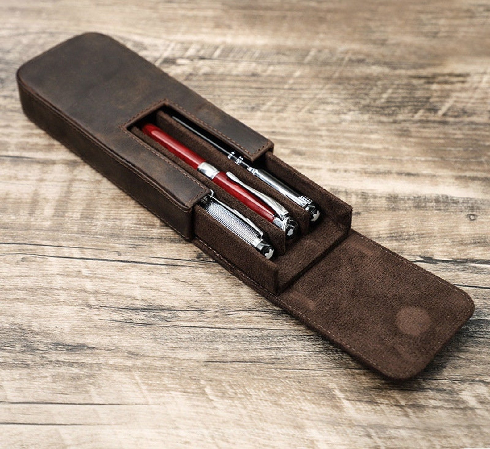 Personalized Engraving Vintage Leather Pen Pouch Magnetic Drawer Pen ...