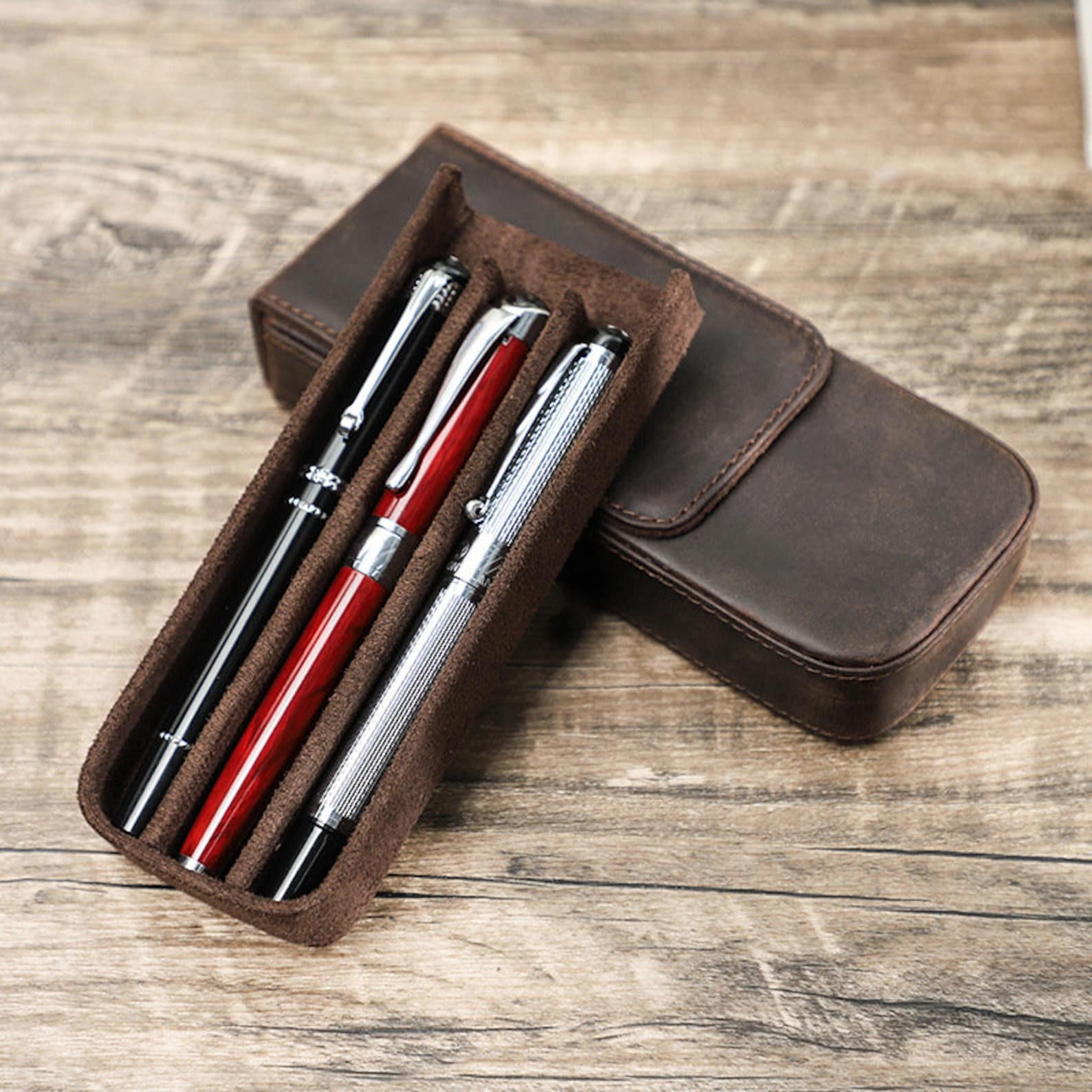 Personalized Engraving Vintage Leather Pen Pouch Magnetic Drawer Pen ...