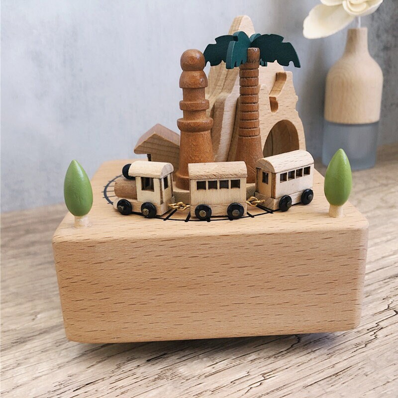 DIY Coconut Country Movable Train Wooden Music Box, Spin Ballerina Girl ...