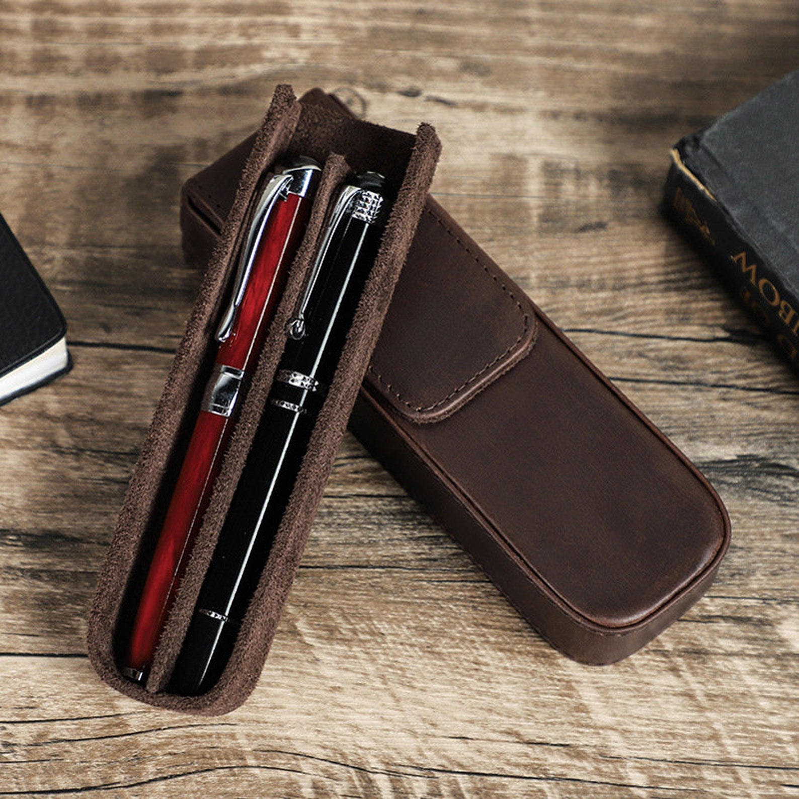 Personalized Engraving Vintage Leather Pen Pouch Magnetic Drawer Pen ...