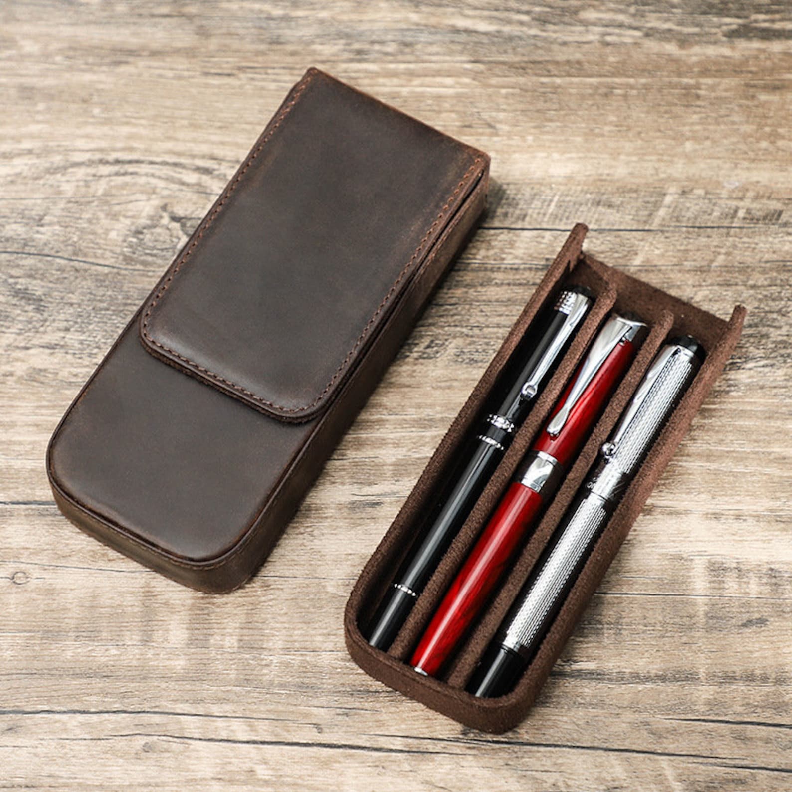Personalized Engraving Vintage Leather Pen Pouch Magnetic Drawer Pen ...