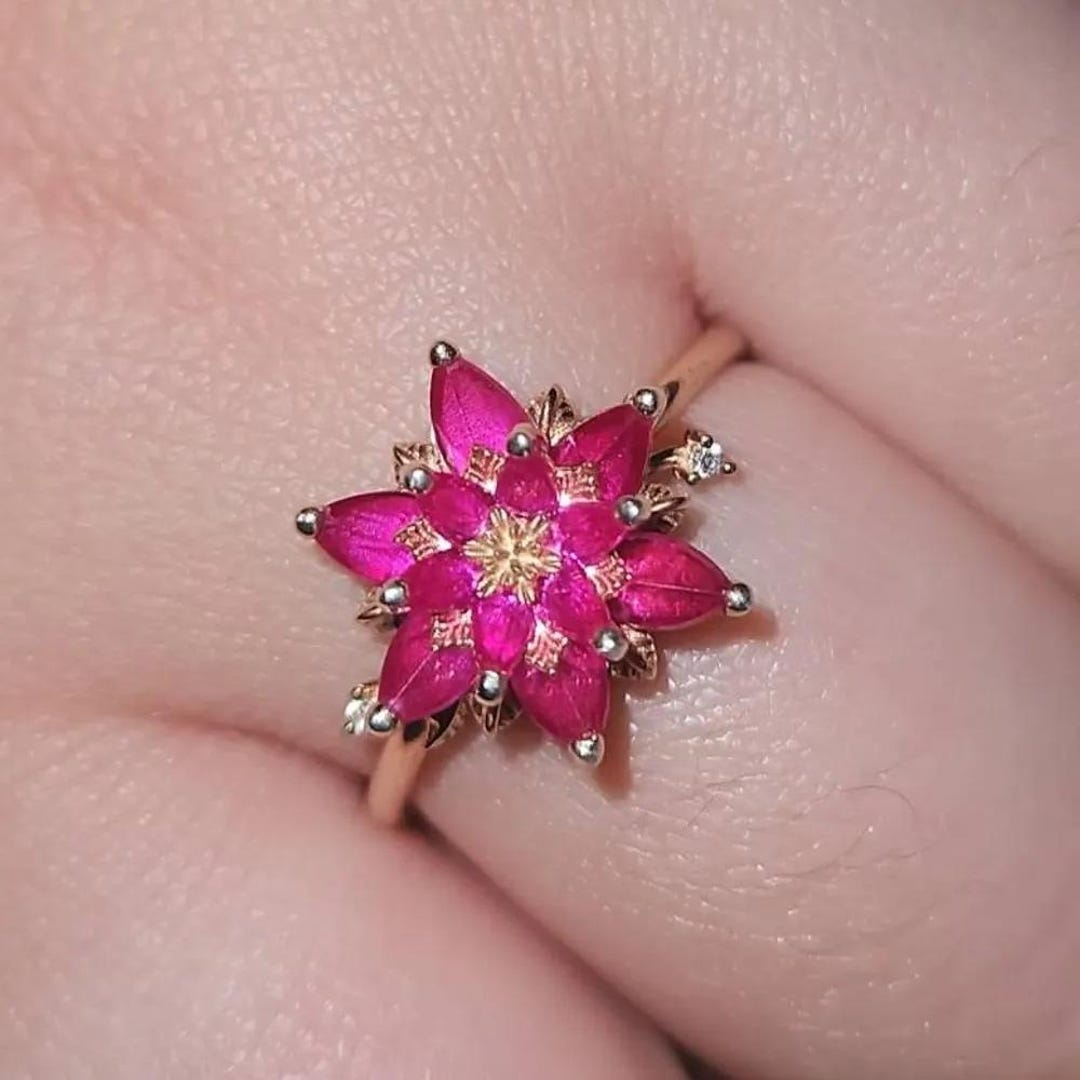 14K Gold Ruby Lotus Flower Ring, Handmade Boho Jewelry - Etsy