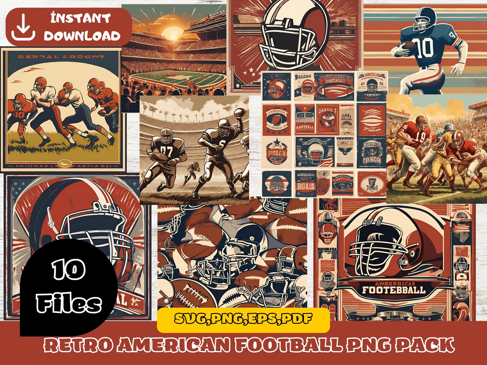 Retro American Football Digital Download Pack PNG | Clip Art & Image ...