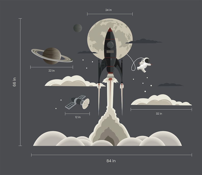 Spaceship Take off Wall Decal Rocket Lift off Wall Stickers Moon Wall ...