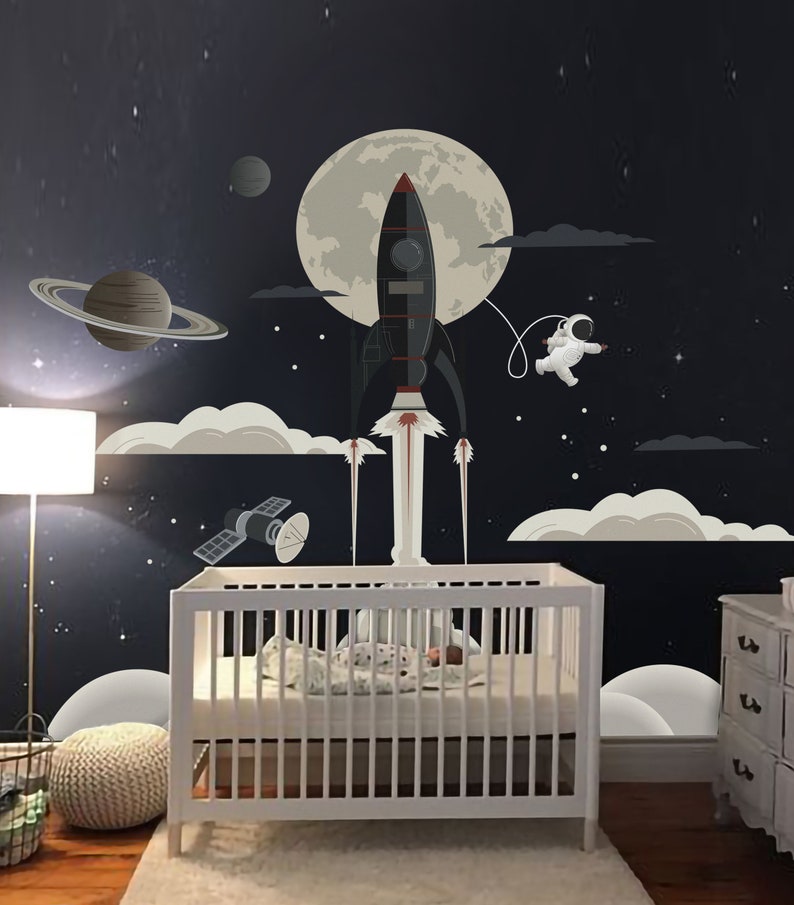 Spaceship Take off Wall Decal Rocket Lift off Wall Stickers Moon Wall ...