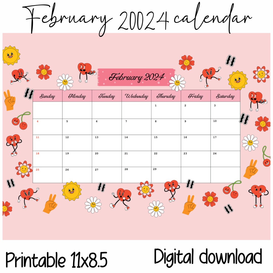 February Calendar 2024 Printable Wall Decor Valentines Day Cute ...