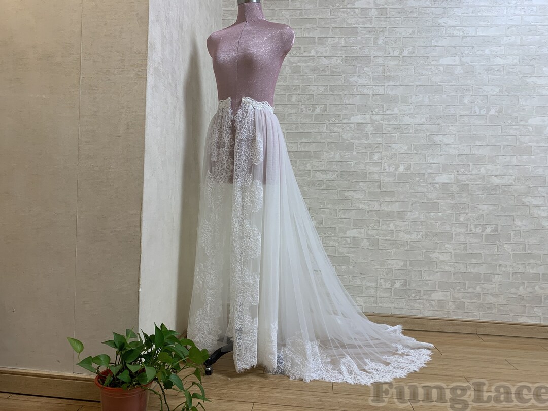 Fashion Bridal Lace Train Trailing Skirt, White Ivory Two Tier Sliding ...