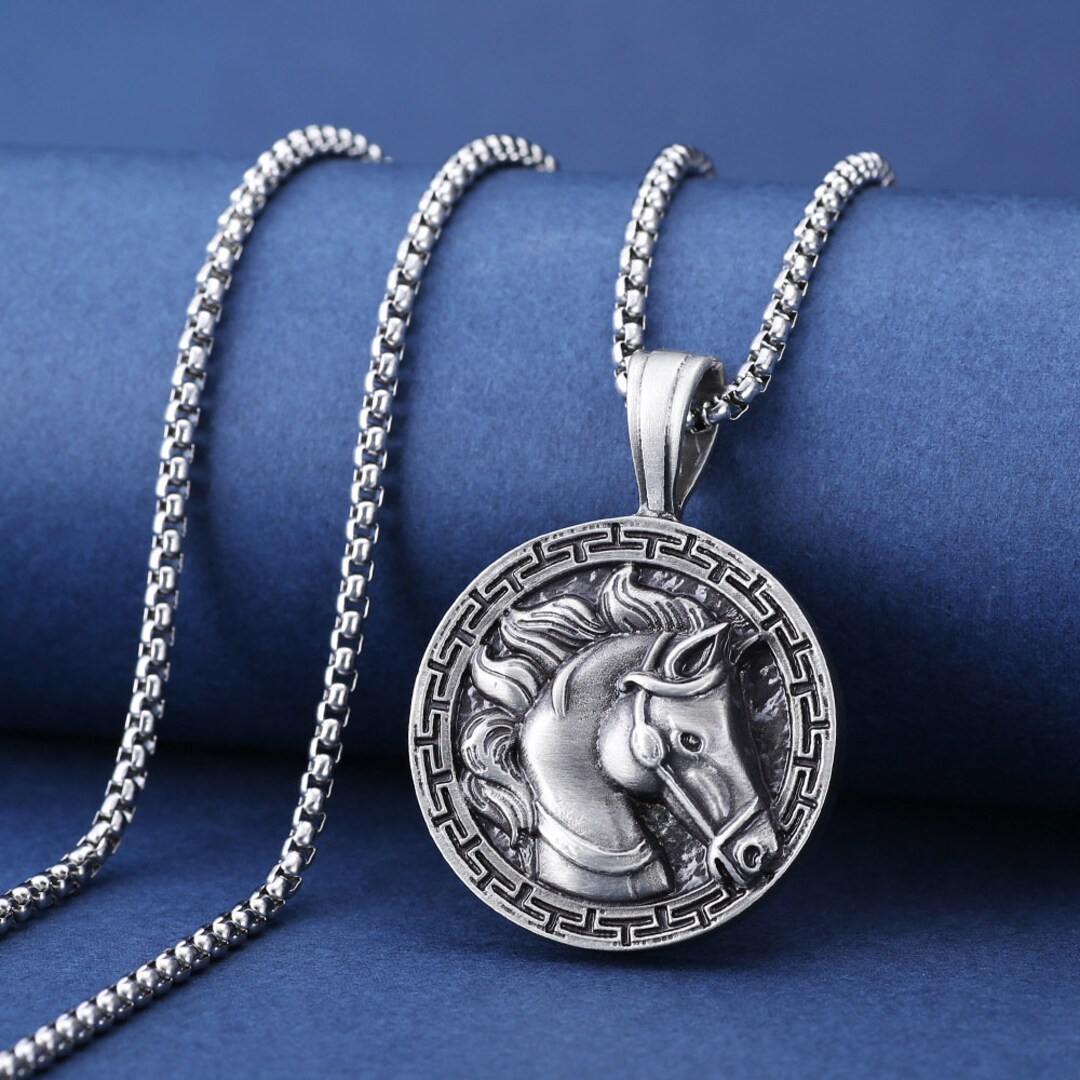 Handmade Men Horse Necklace, Greek Gorgon Horse Charm Pendant, Oxidized ...