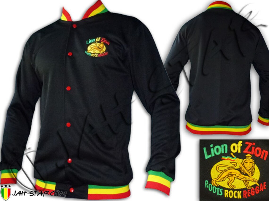 Rasta Reggae Jacket With Lion of Zion Embroidery. Black Zip up Bob ...