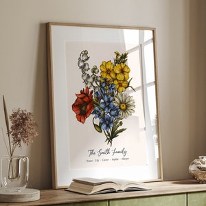 Birth Flower Family Bouquet,birth Month Flower Art Custom,floral Family ...