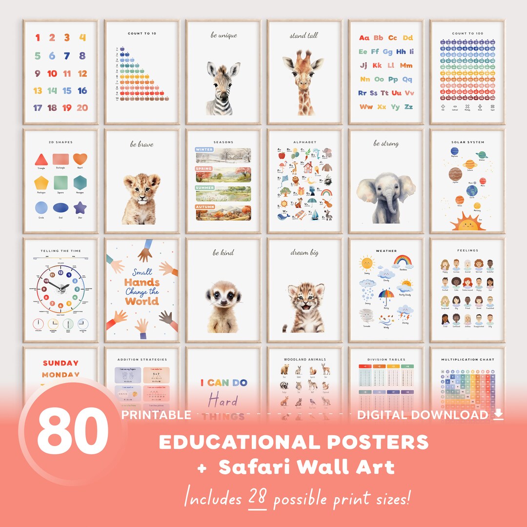 Set of 80 Educational Posters, Safari Nursery Decor, Homeschool Print ...