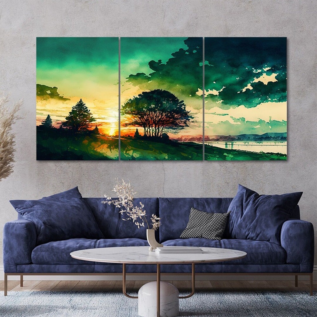 Green Nature Landscape Watercolor Canvas Wall Art - Set of 3 - Etsy