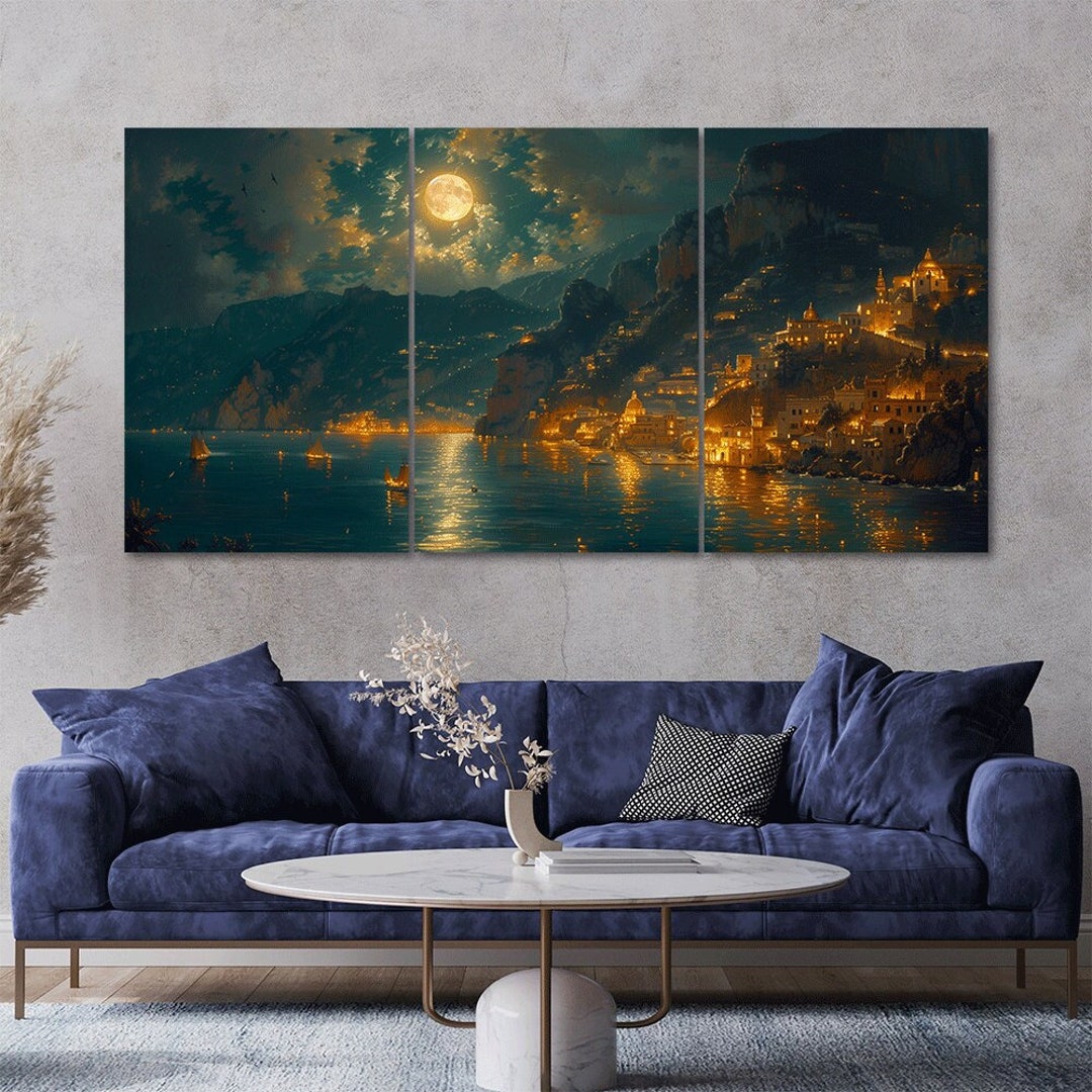 Cliffside Village at Night Full Moon Scenery 3 Piece Canvas Wall Art ...