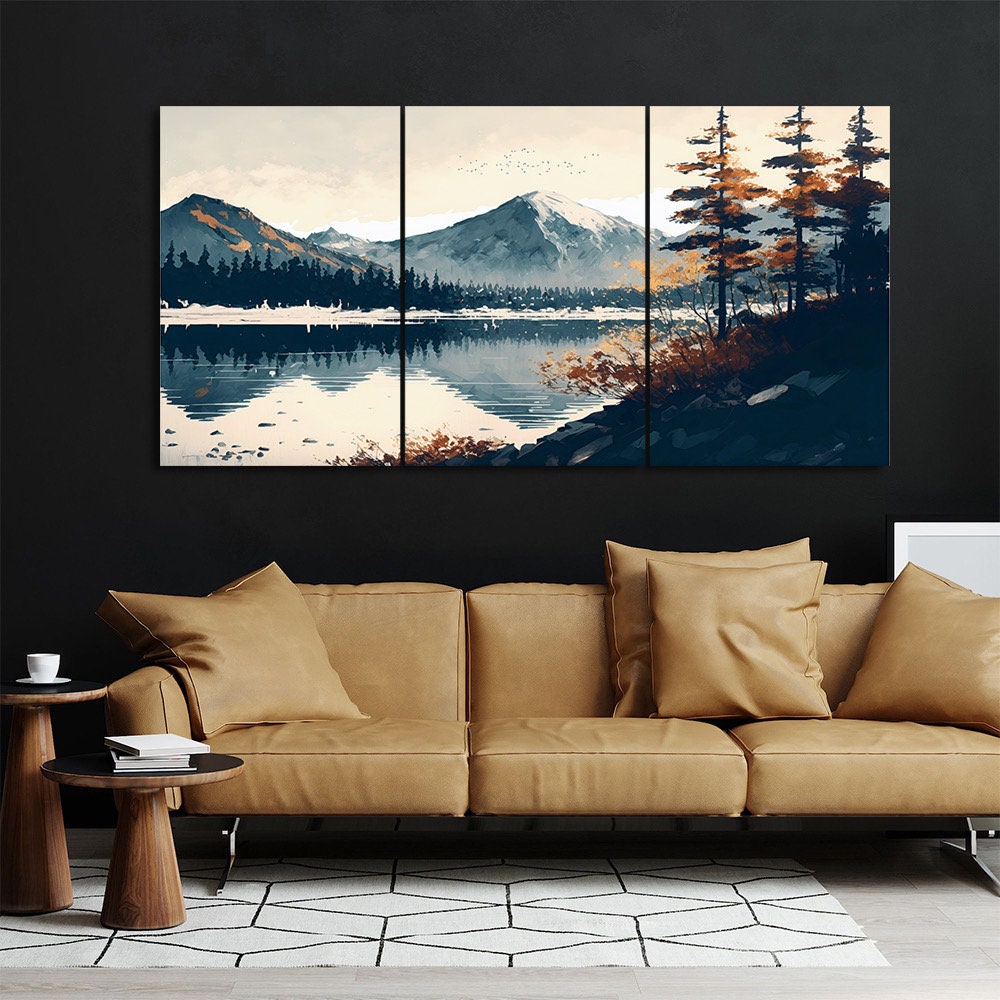 3 Piece Watercolor Winter Mountain Lake Landscape Canvas Wall Art ...