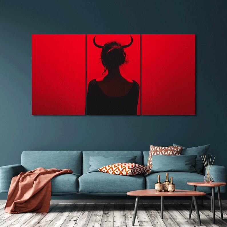Devil Woman Red Background 3 Piece Gothic Canvas Wall Art Framed Multi ...