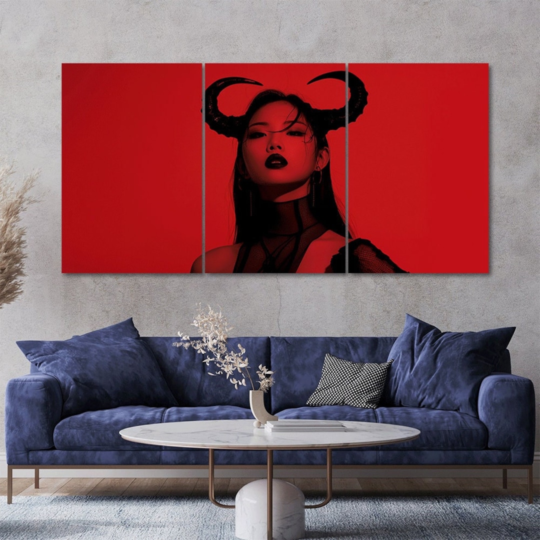 Gothic Horned Devil Asian Woman Portrait 3 Piece Canvas Wall Art Framed ...