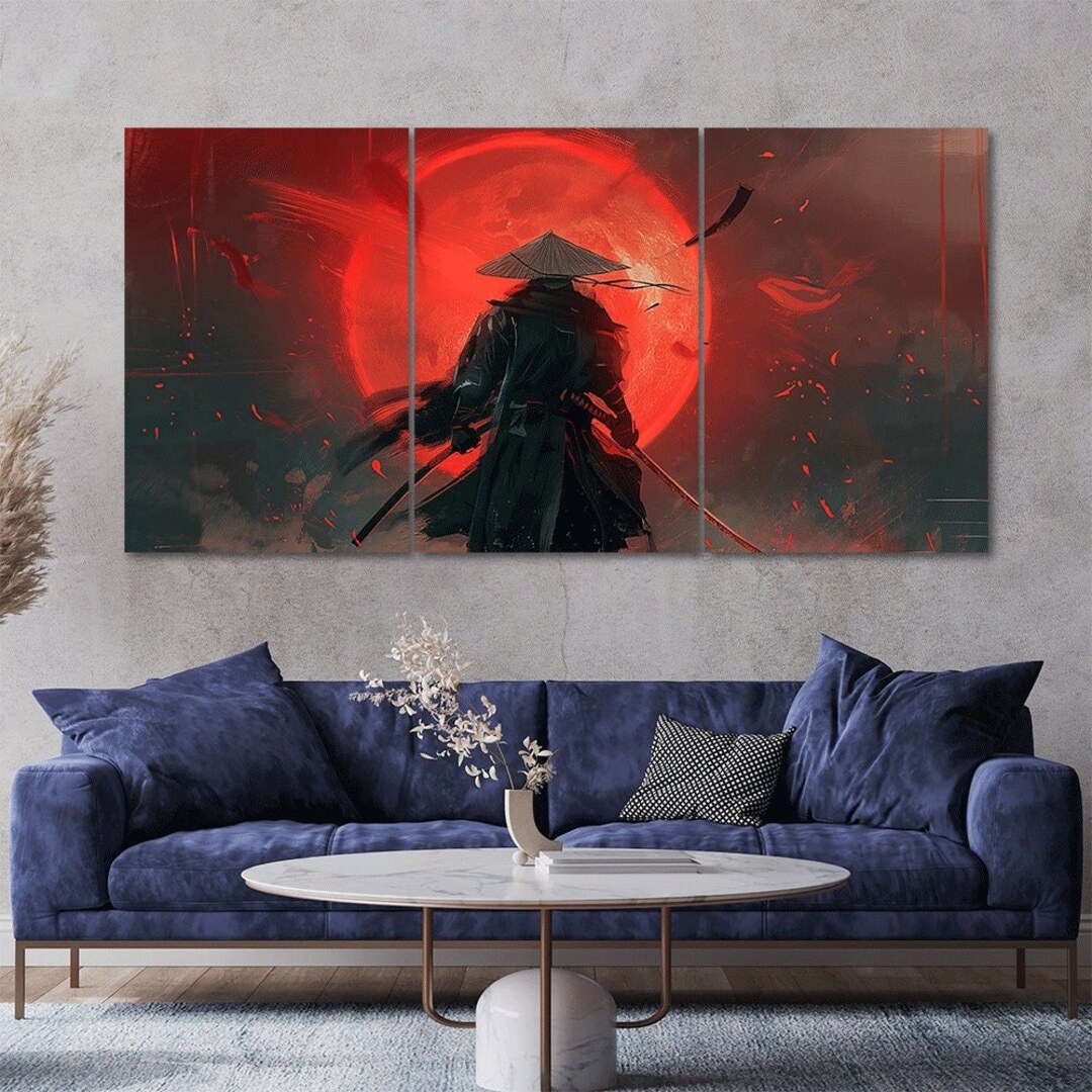 Red Sun Samurai Warrior Dramatic Scenery 3 Piece Canvas Wall Art Framed ...