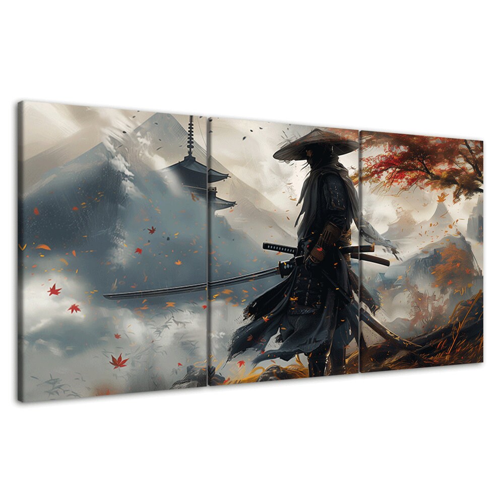 Samurai Swordsman Foggy Japanese Temple Scenery 3 Piece Canvas Wall Art ...