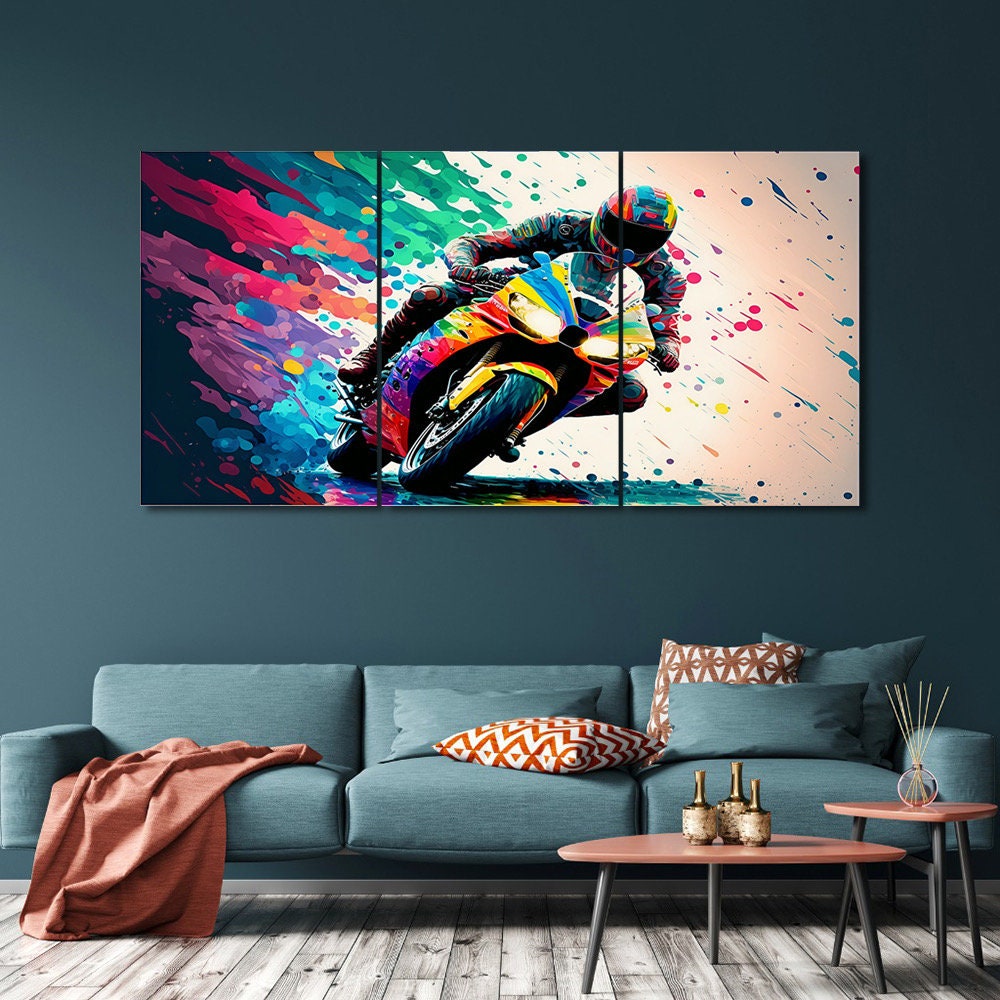 Motorcycle Canvas Art: Colorful Abstract Biker Print, Set of 3 - Etsy