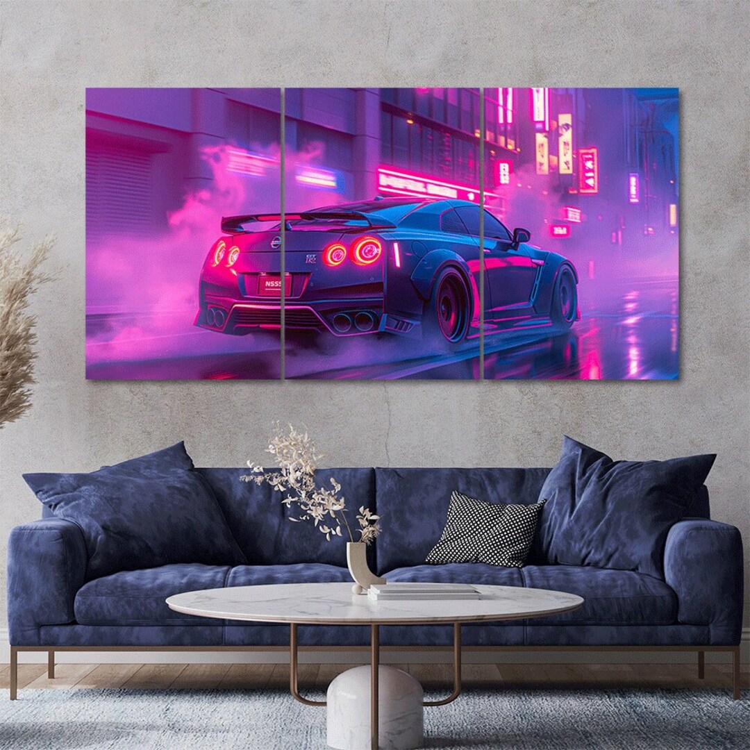 Nissan R35 Car Drive Retro Neon City Scenery 3 Piece Canvas Wall Art ...