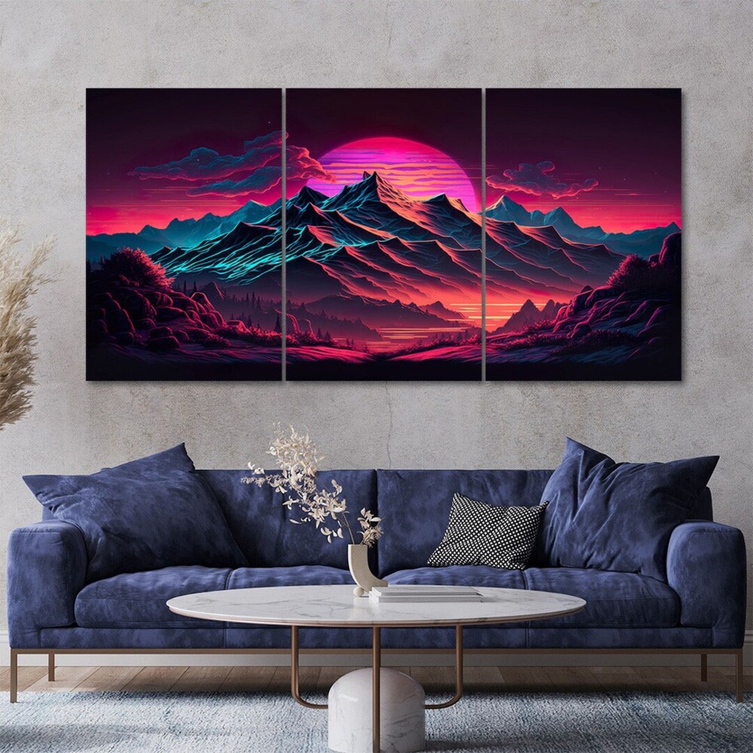 3 Piece Vaporwave Mountain Landscape Canvas Wall Art Framed Multi Panel ...