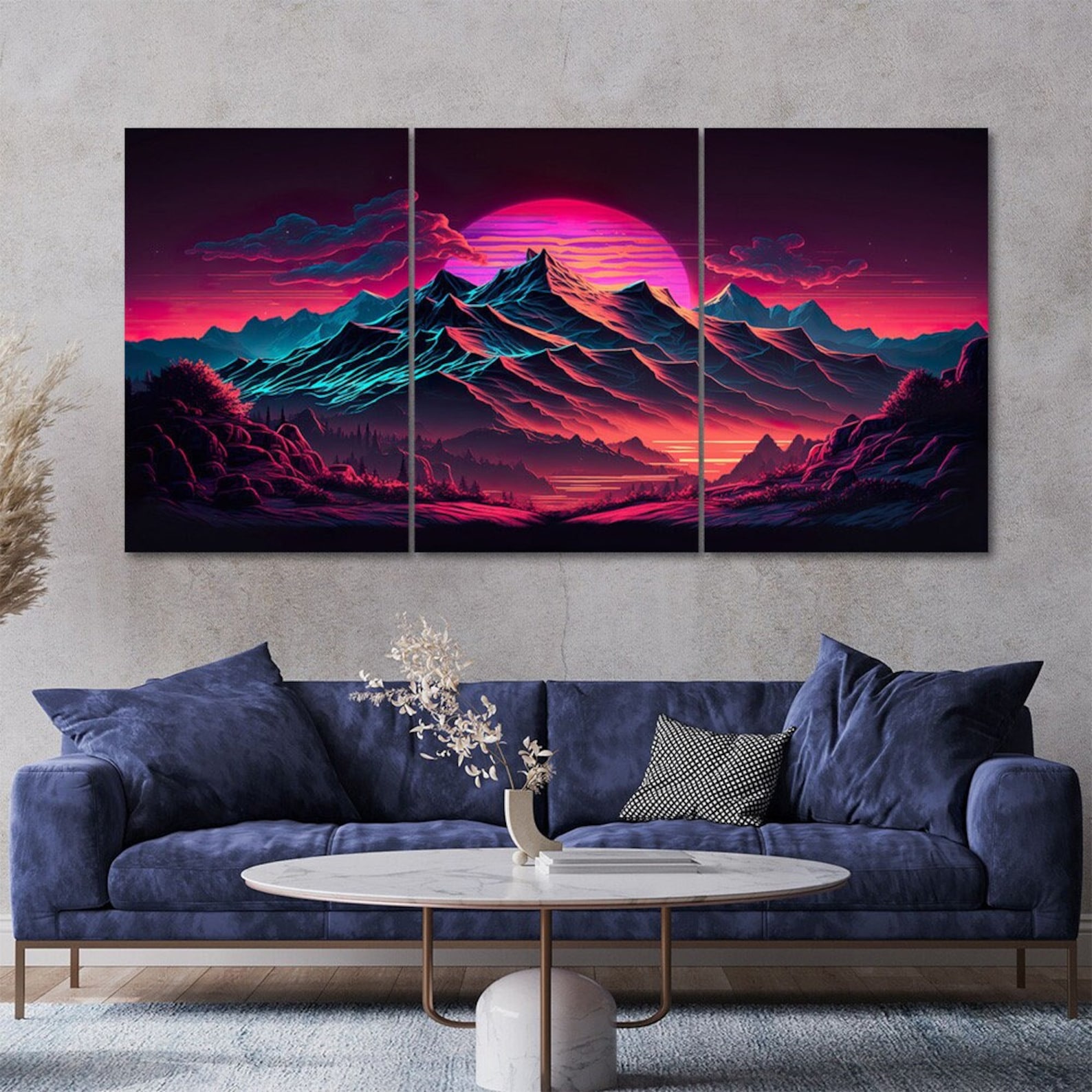 3 Piece Vaporwave Mountain Landscape Canvas Wall Art Framed Multi Panel ...