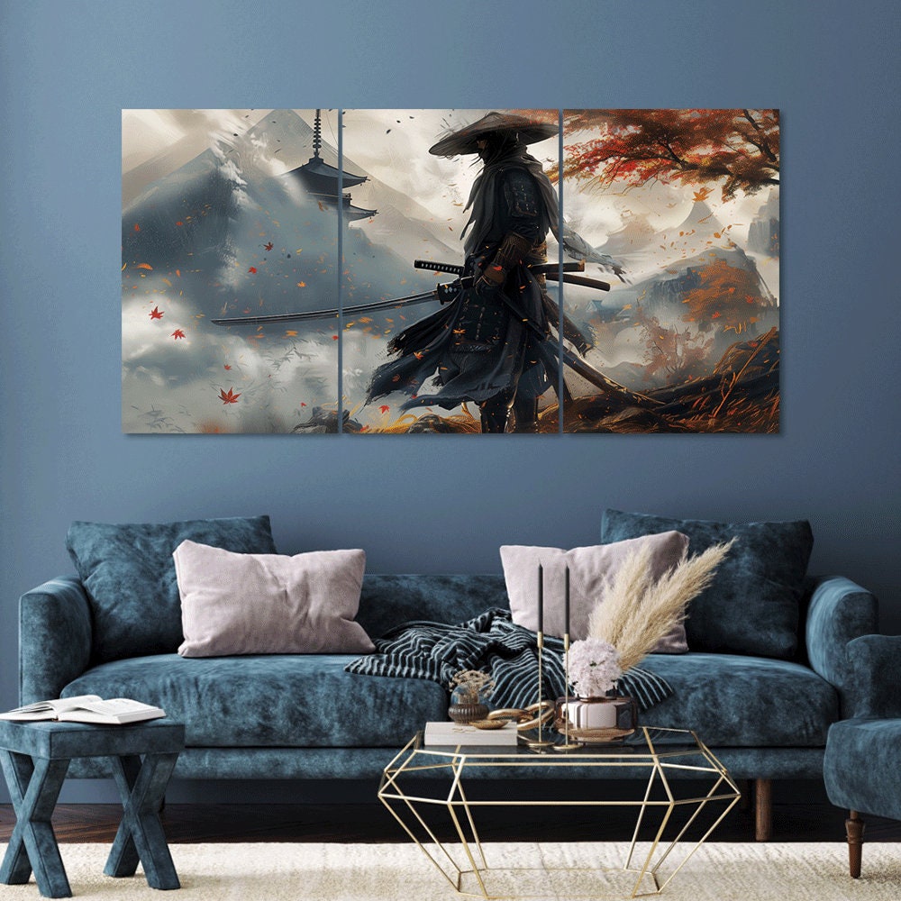 Samurai Swordsman Foggy Japanese Temple Scenery 3 Piece Canvas Wall Art ...