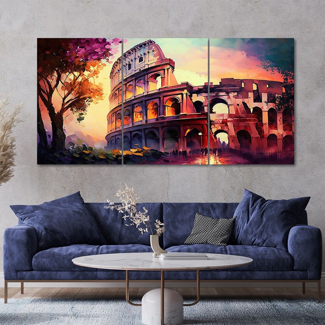 3 Piece Abstract Rome Colosseum Building Scenery Canvas Wall Art Framed ...