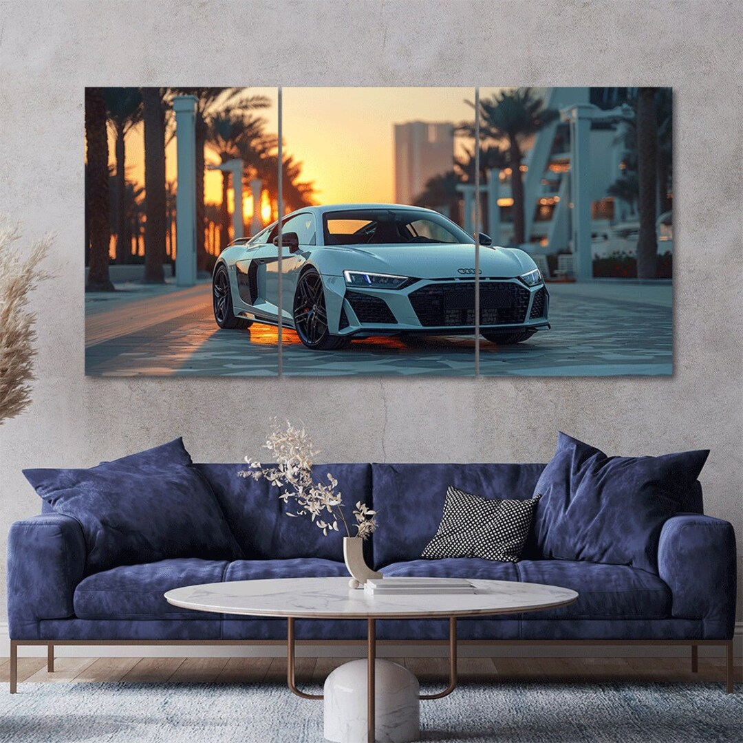 White Audi R8 Super Car Sunset City Scenery 3 Piece Canvas Wall Art ...