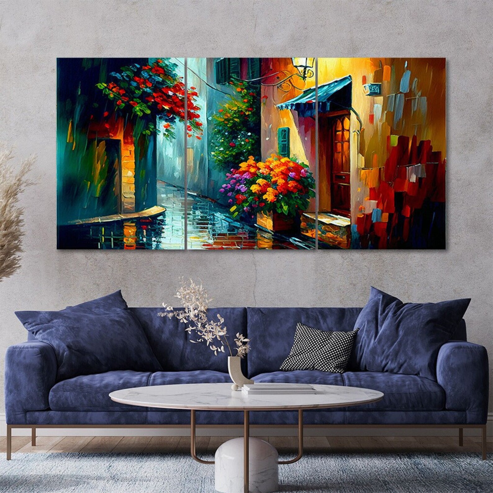 3 Piece Town Pathway Beautiful Flowers Canvas Wall Art Framed Multi ...