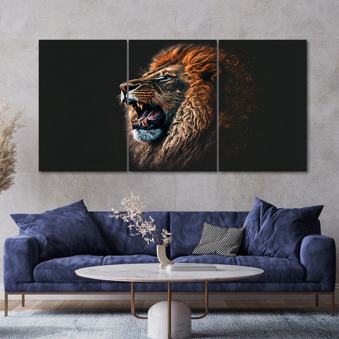 3 Piece Roaring Blue Eyes Lion Canvas Wall Art Framed Multi Panel Art ...