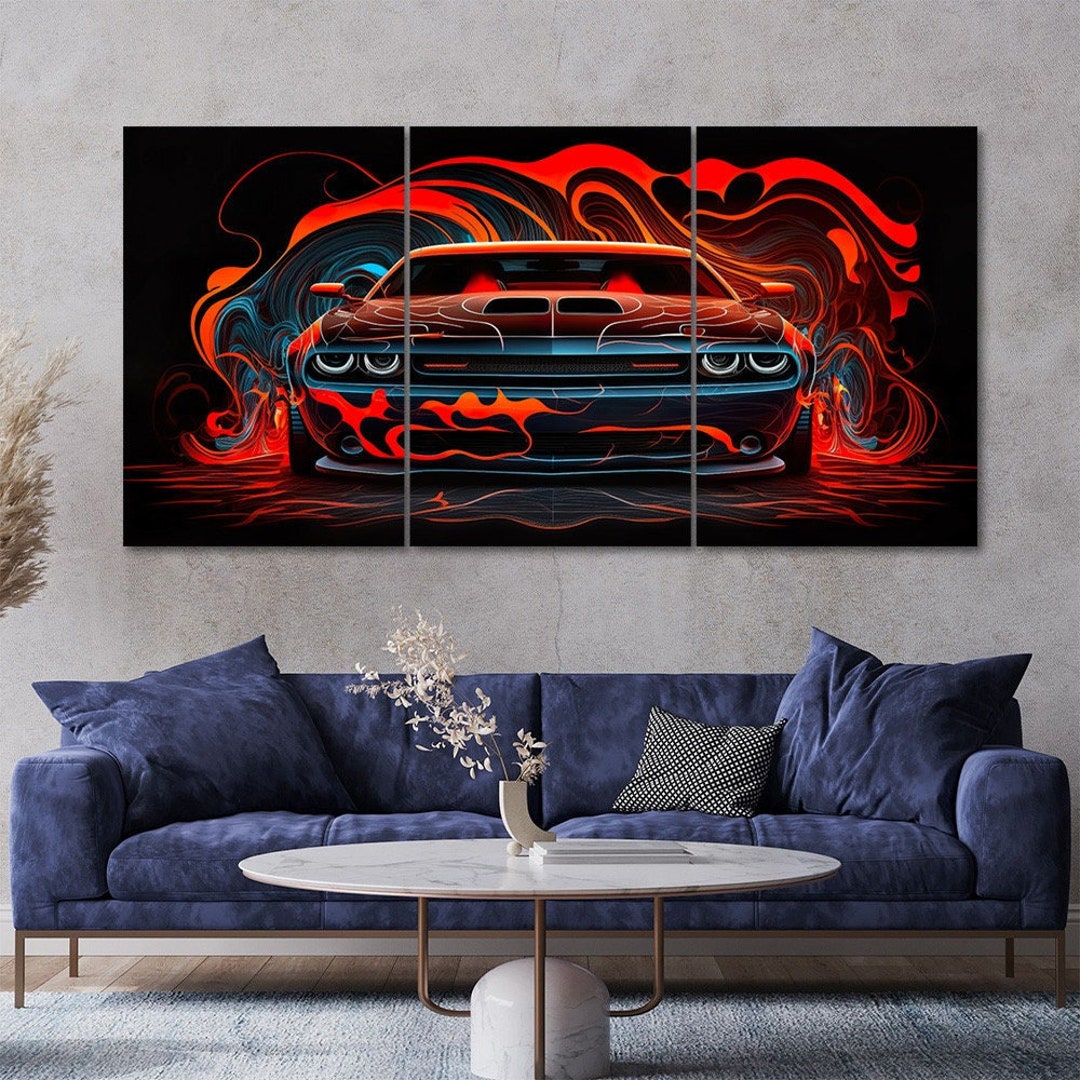 3 Piece Dodge Challenger SRT Demon Flaming Abstract Car Canvas Wall Art ...