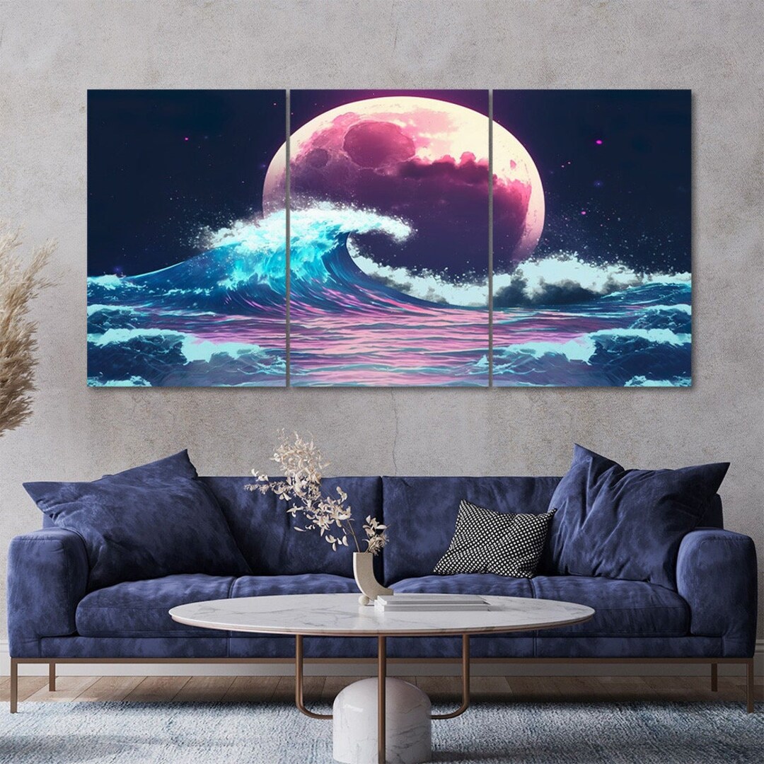 Full Moon Big Wave Canvas Art: Modern Multi Panel Print Set - Etsy