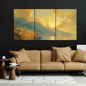 Mediterranean Coastal Town Mountain and Sea View 3 Piece Canvas Wall ...