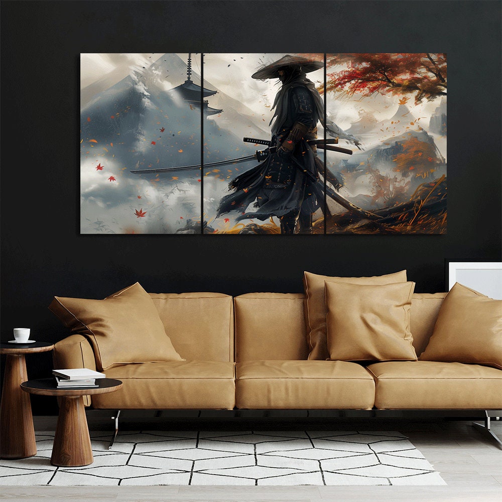 Samurai Swordsman Foggy Japanese Temple Scenery 3 Piece Canvas Wall Art ...