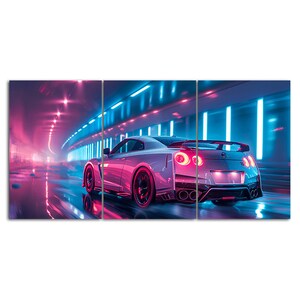 White Nissan R35 Sports Car Neon Lights 3 Piece Canvas Wall Art Framed ...